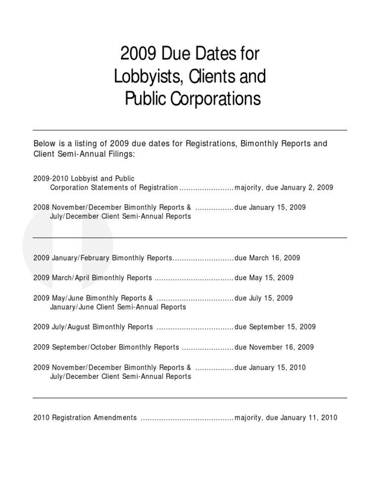 2009 Lobbyist Due Dates | PDF