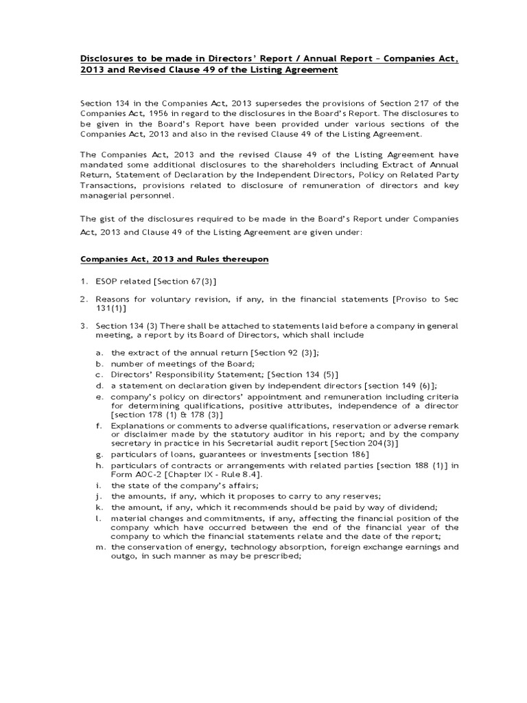 Checklist for Disclosures to be made in Board's Report - Companies Act ...