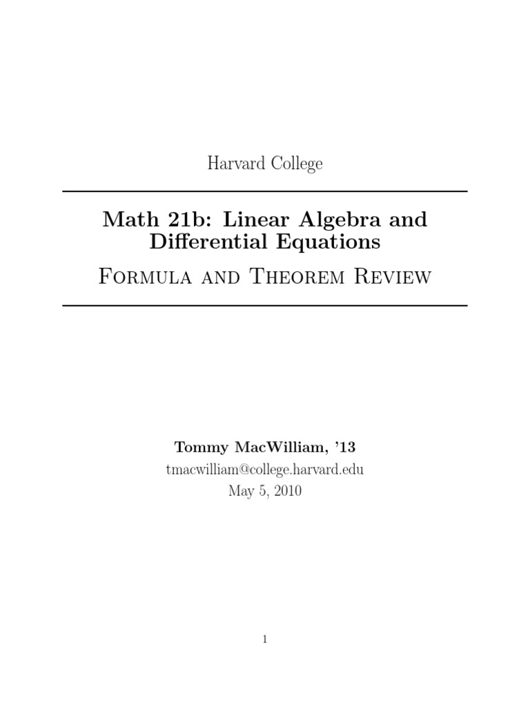 Harvard Student's Linear Algebra and Differential Equations Formula and ...