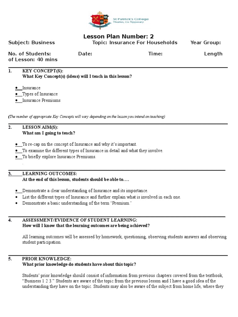 Lesson Plan 2 - Insurance For Households | PDF | Lesson Plan | Quality ...