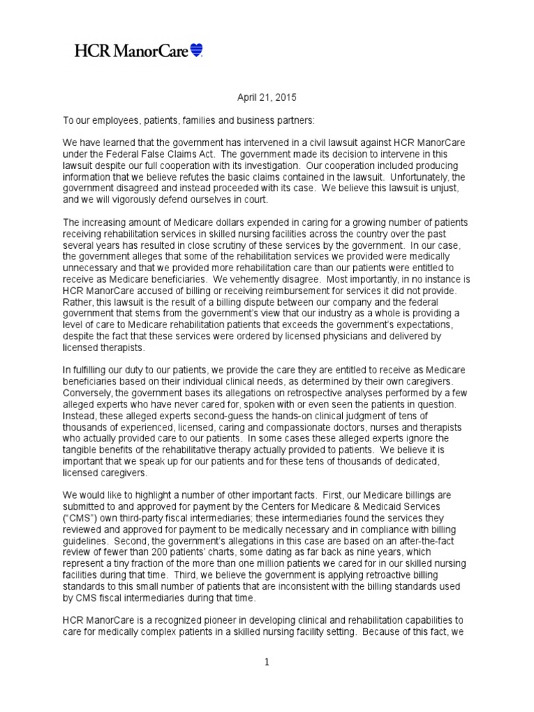 Letter in Response to DOJ Complaint | Medicare (United States ...