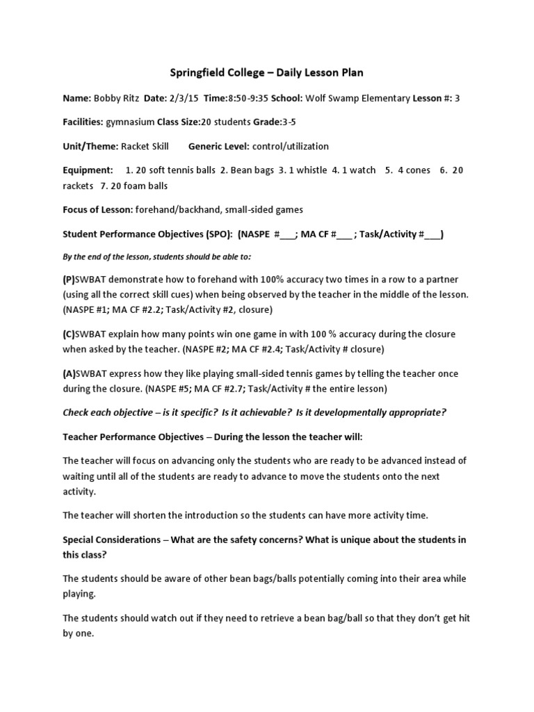 Tennis Lesson Plan for Grades 3-5 | PDF | Lesson Plan | Ball Games