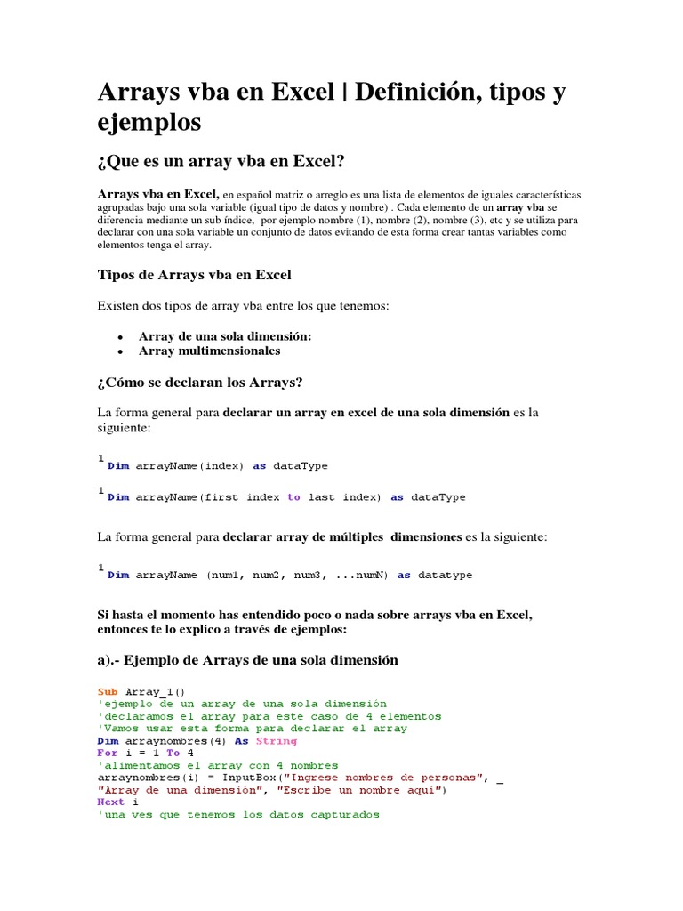 Arrays VBA en Excel: Tipos y Ejemplos | PDF | Estructura de datos de matriz | Microsoft Excel