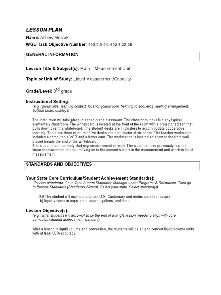 3rd Grade Liquid Measurement Lesson Plan | PDF | Gallon | Classroom
