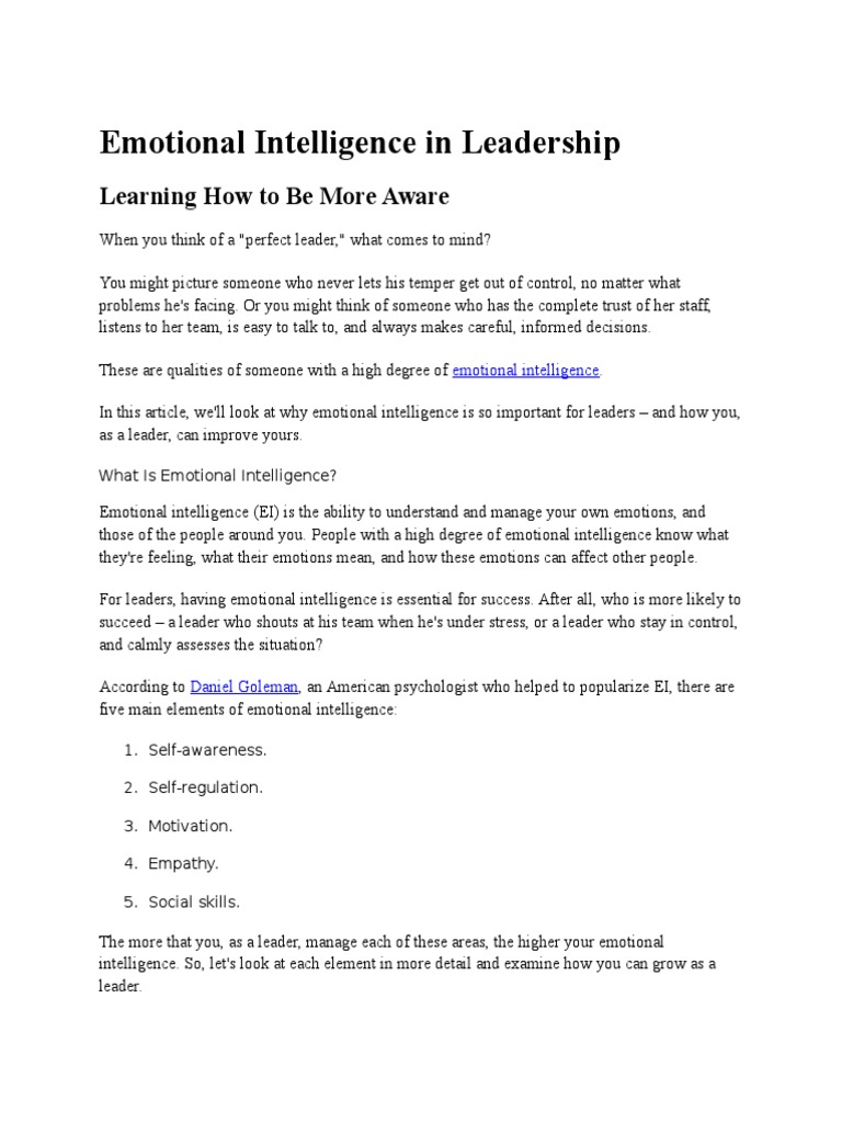 Emotional Intelligence in Leadership | PDF | Self Awareness | Emotional ...