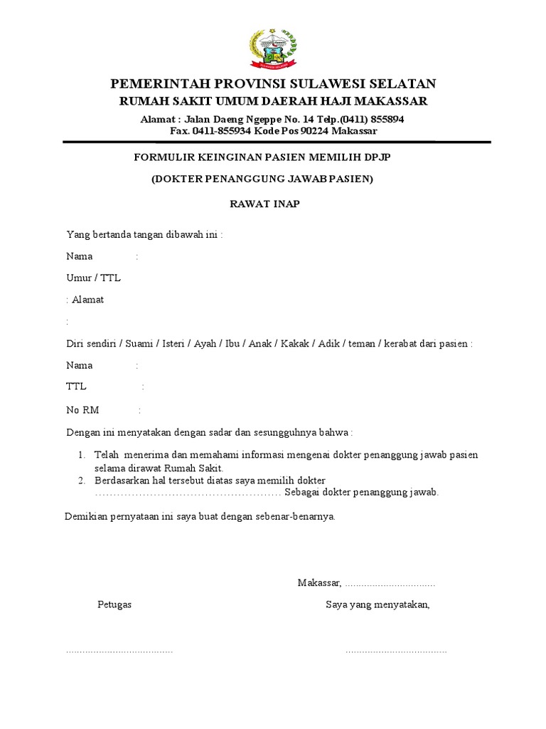 Contoh Formulir Pasien Memilih DPJP | PDF