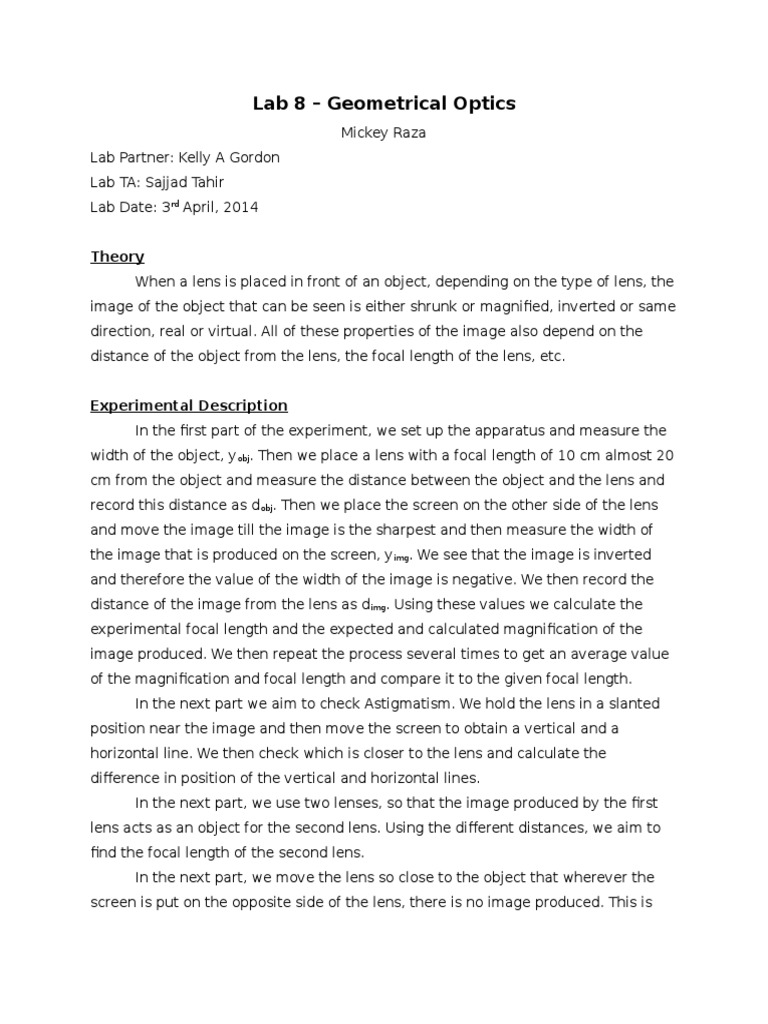 Lab 8 - Geometrical Optics | PDF | Lens (Optics) | Atomic