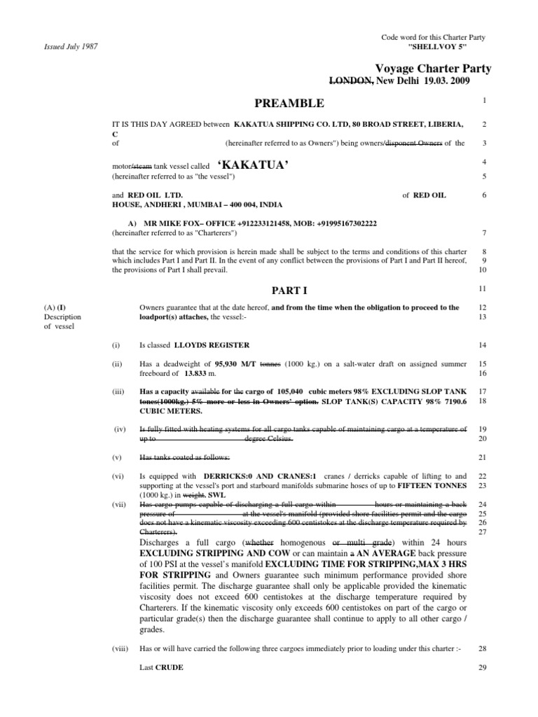 Tanker Voyage Charter Party Agreement | PDF | Oil Tanker | Cargo