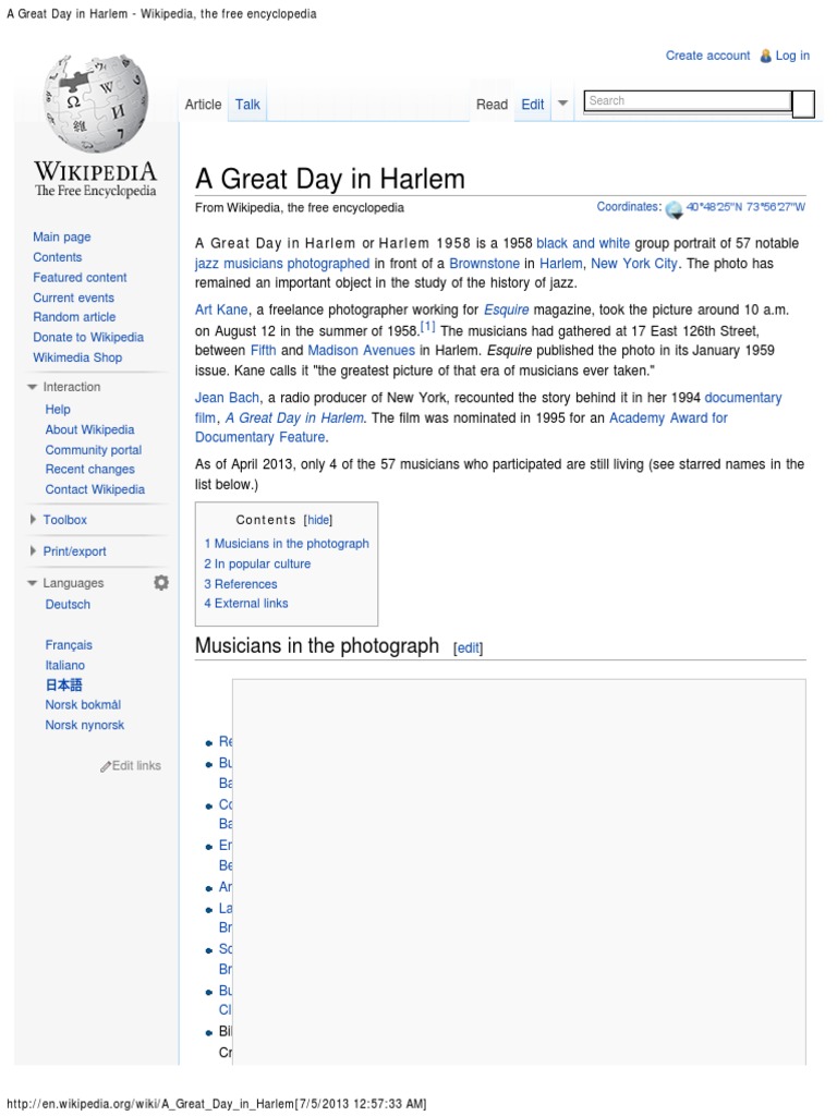 A Great Day in Harlem (Wiki) | PDF | Wikipedia | American Jazz