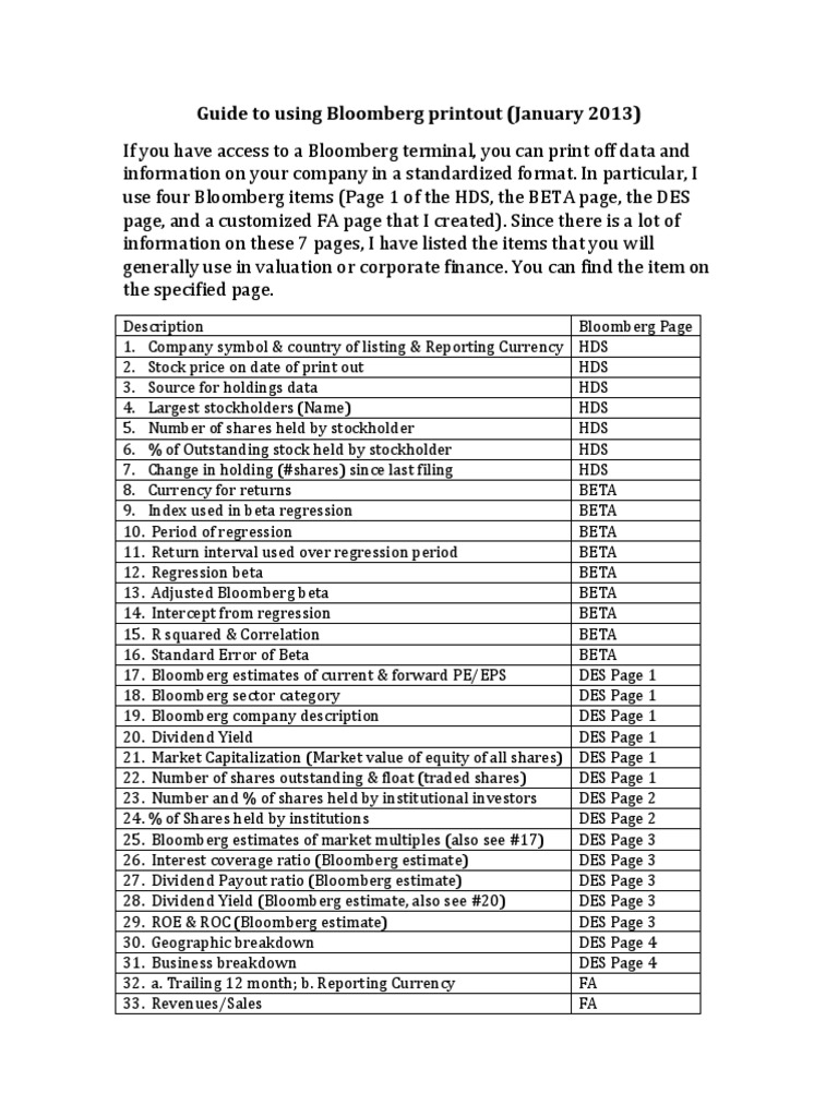 Bloomberg Guide | PDF | Beta (Finance) | Expense