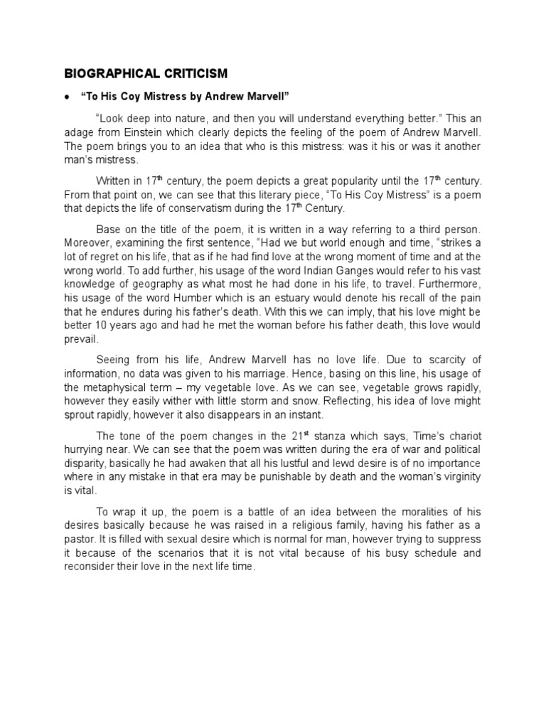 Biographical Criticism: "To His Coy Mistress by Andrew Marvell ...