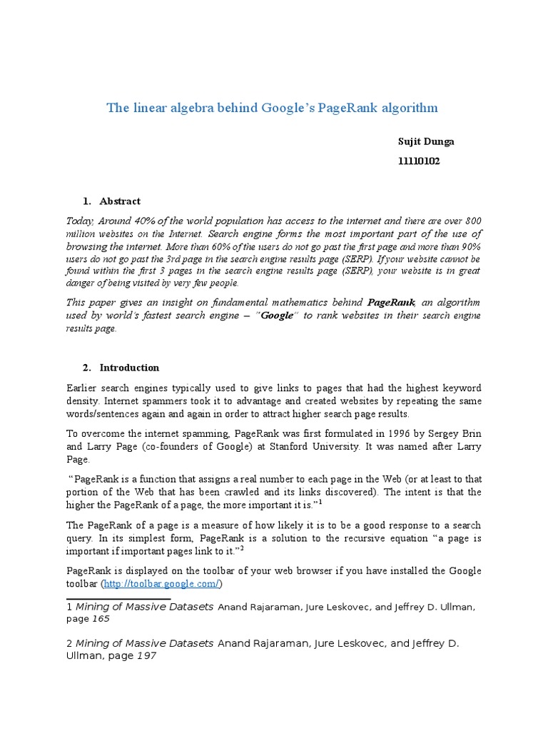 The Linear Algebra Behind Google'S Pagerank Algorithm: Sujit Dunga 11110102 | PDF | Search ...