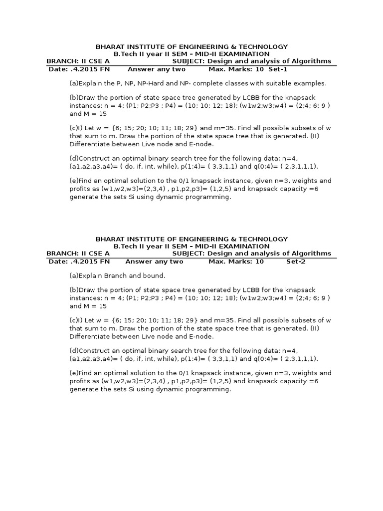 B.Tech CSE Algorithms Exam 2015 | PDF | Dynamic Programming | Mathematical Concepts