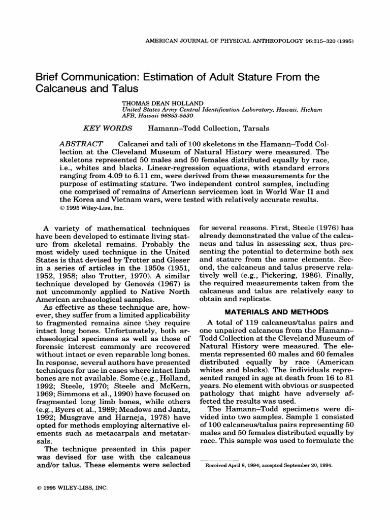 Estimation Of Adult Stature From The Calcaneus And Talus Pdf Errors And Residuals Standard
