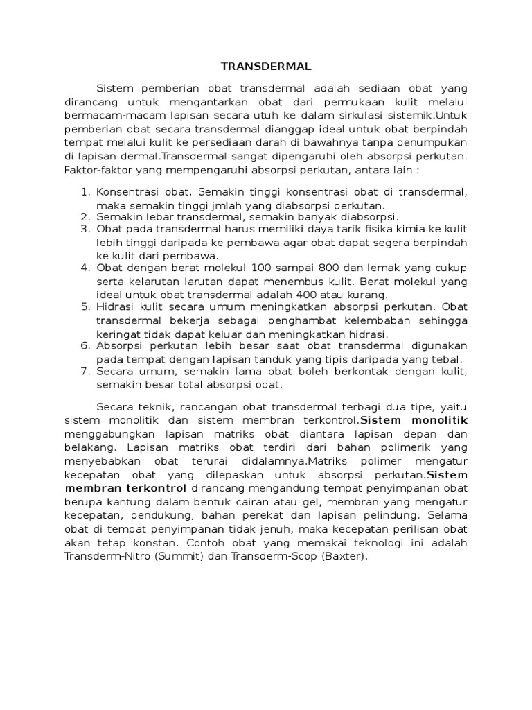 Sistem Pemberian Obat Transdermal | PDF