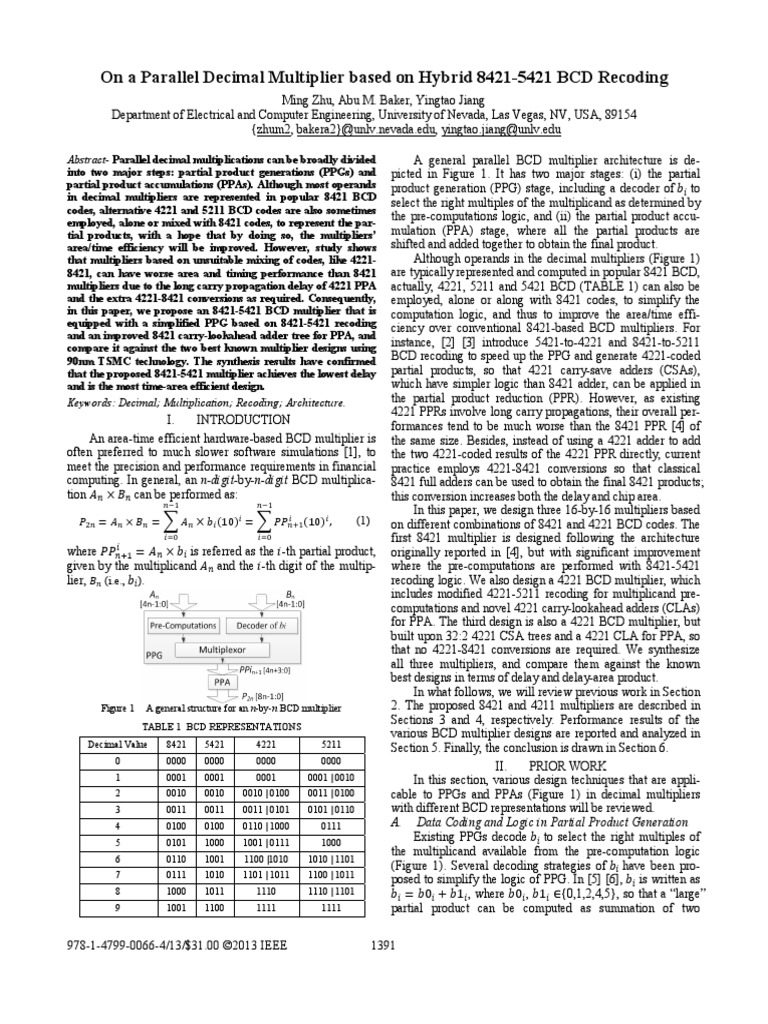 On A Parallel Decimal Multiplier Based On Hybrid 8421-5421 BCD Recoding ...