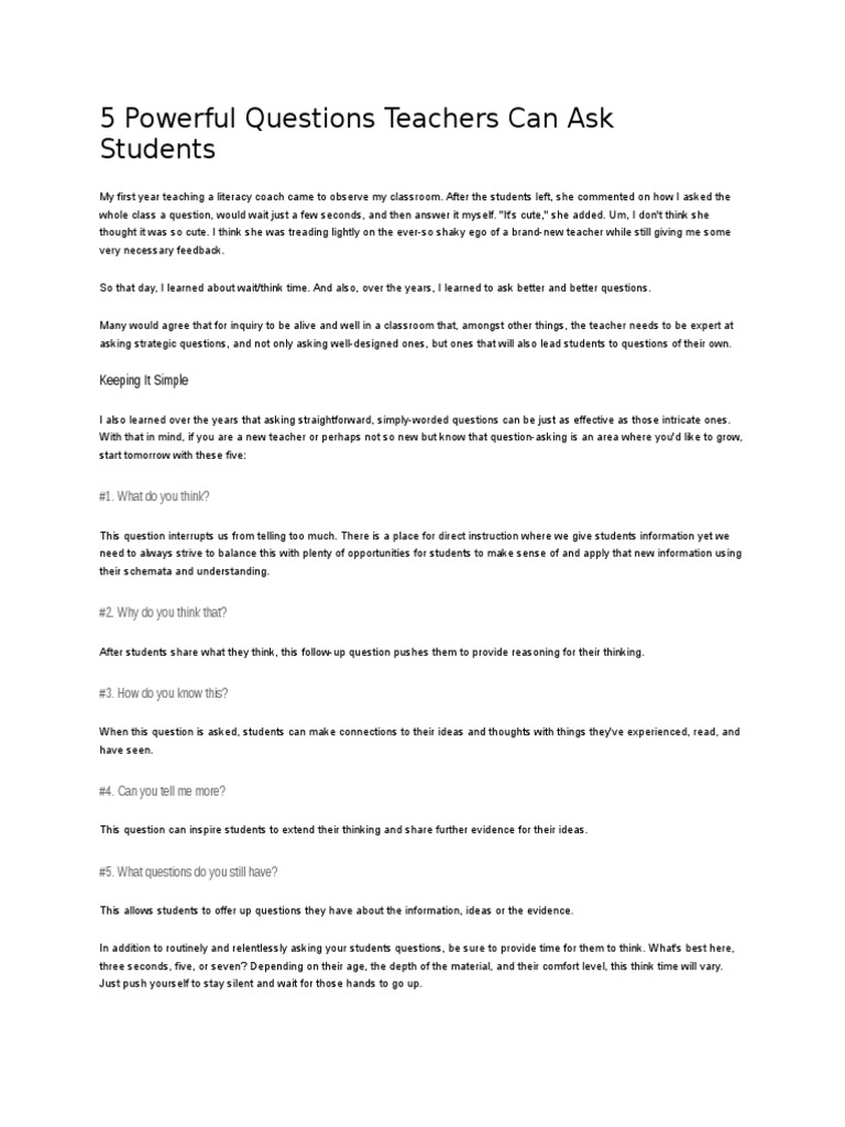 5 Powerful Questions Teachers Can Ask Students | PDF | Self Efficacy ...