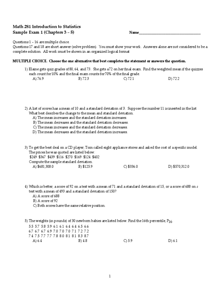 Math 281 Exam 1 (Chapters 3-5) Sample | PDF | Multiple Choice | Test ...