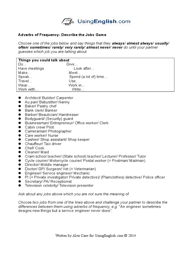 Adverbs of Frequency Job Description Game | PDF