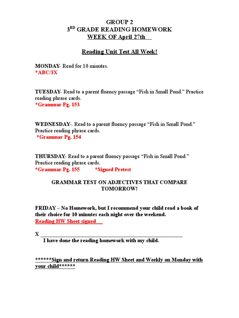 3rd Grade Reading Homework Plan | PDF