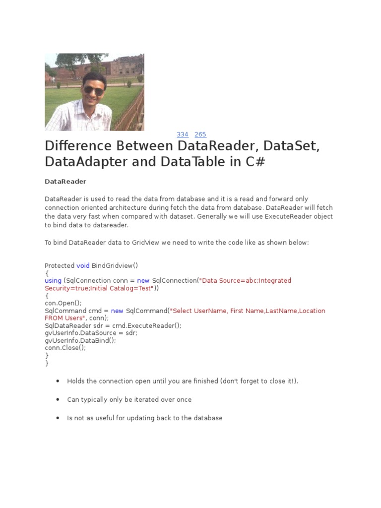 Difference Between Datareader Dataset Dataadapter And Datatable In C Pdf Databases