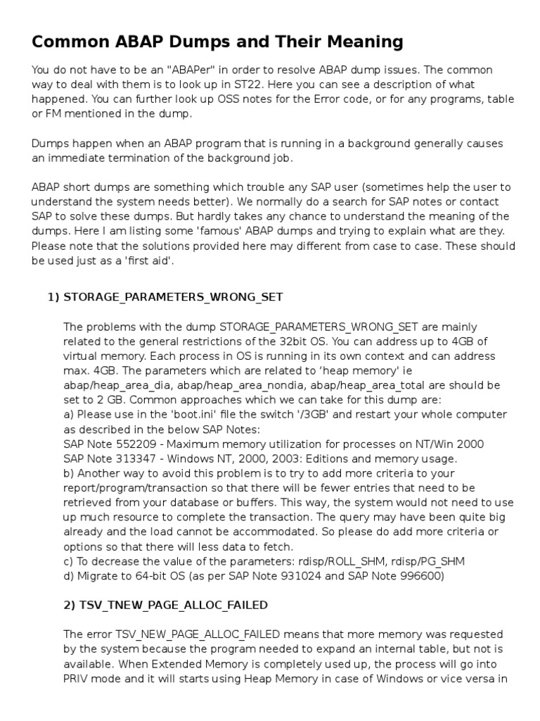 Common ABAP Dumps and Their Meaning | PDF | 64 Bit Computing | Kernel ...