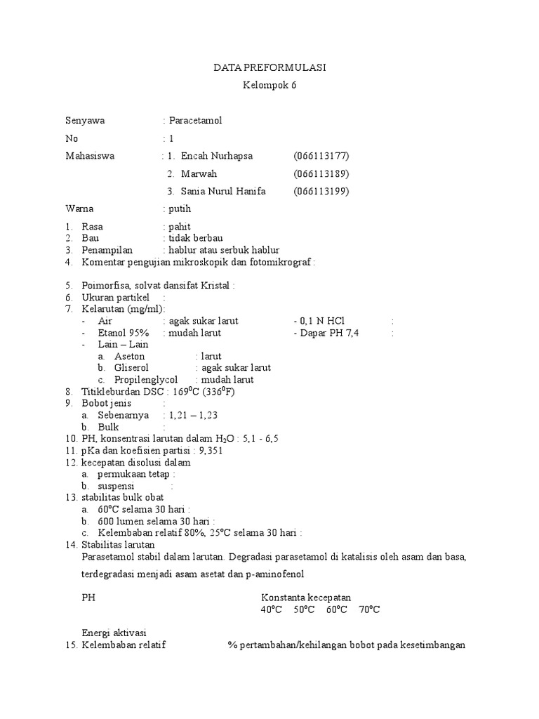 Data Preformulasi Paracetamol | PDF | Sains & Matematika
