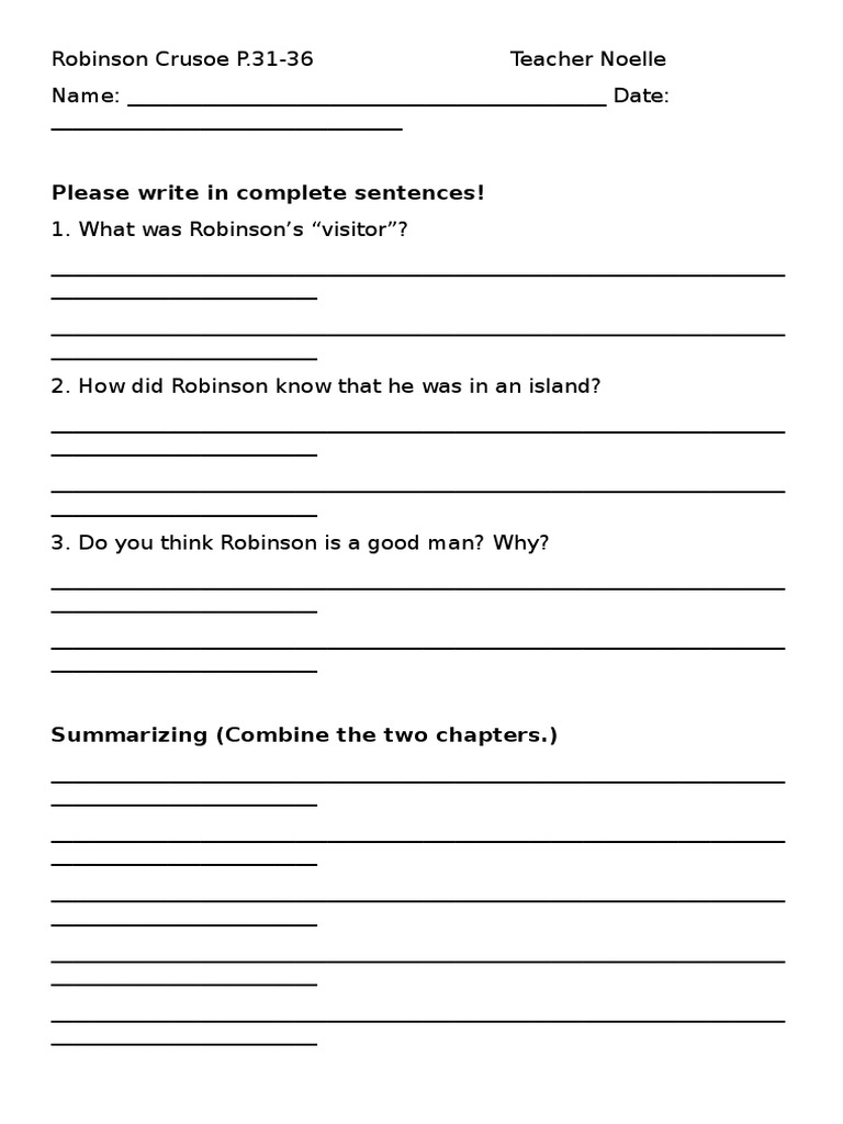 Class 6 Robinson Crusoe Worksheet | PDF