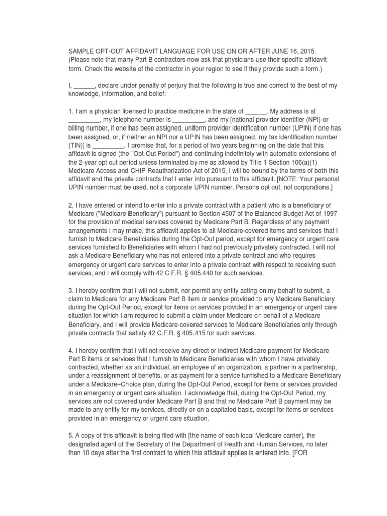 Medicare Opt-Out Affidavit Template | PDF | Medicare (United States ...
