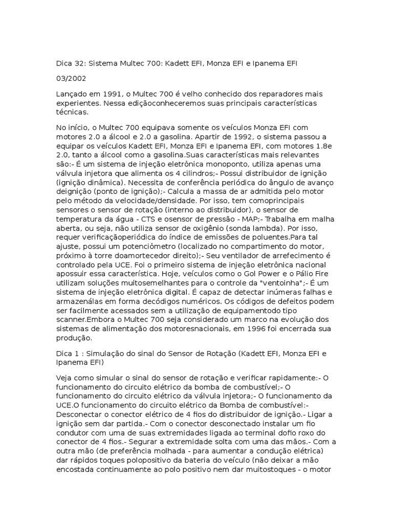 Sistema Multec 700: Características e Testes | PDF | Motores | Injeção ...
