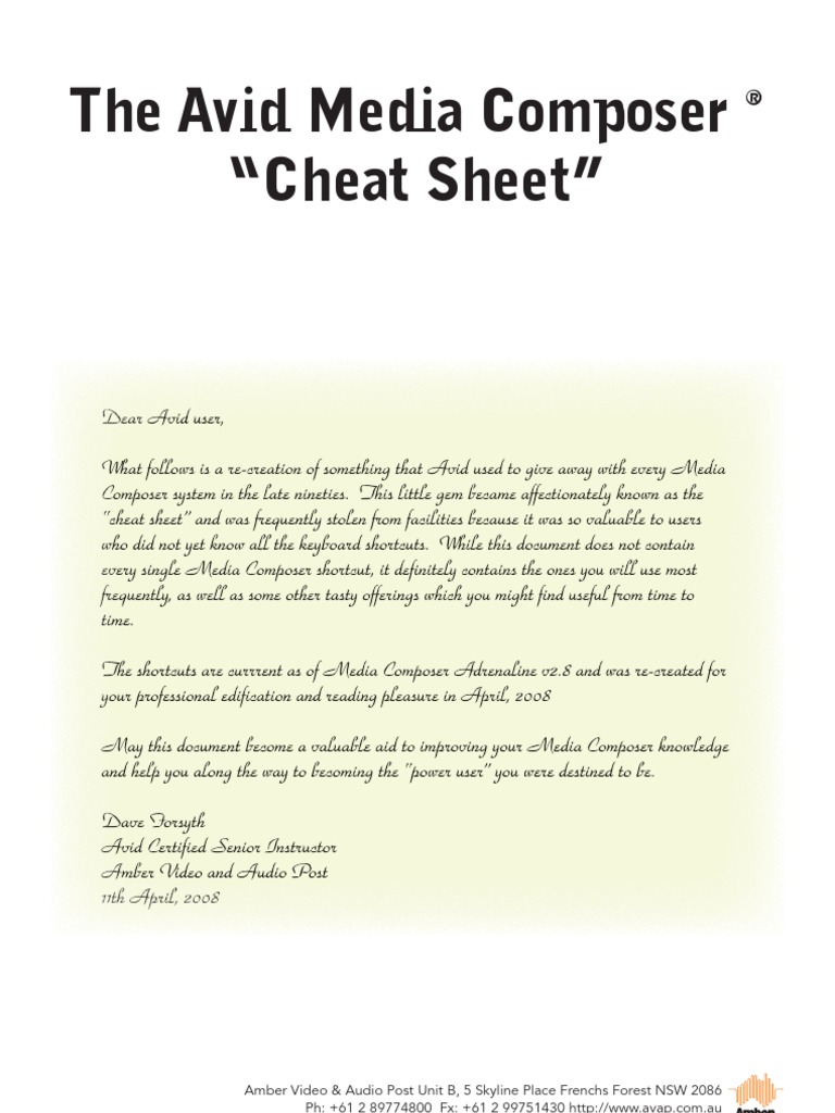 The Avid Media Composer ® "Cheat Sheet" | PDF | Software | Computing