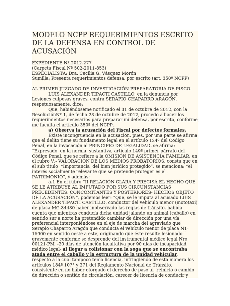 Modelo Ncpp Requerimientos Escrito de La Defensa en Control de Acusación | PDF | Procedimiento ...