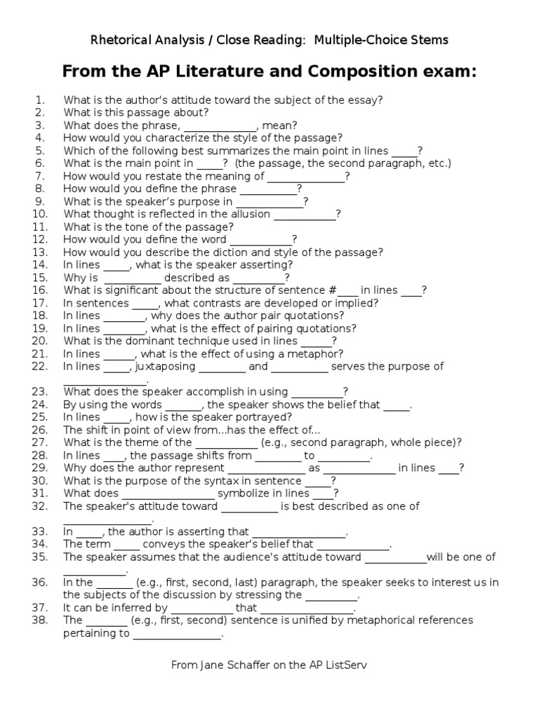 Ap Lit Exam Multiple Choice Stems | PDF | Sentence (Linguistics) | Phrase