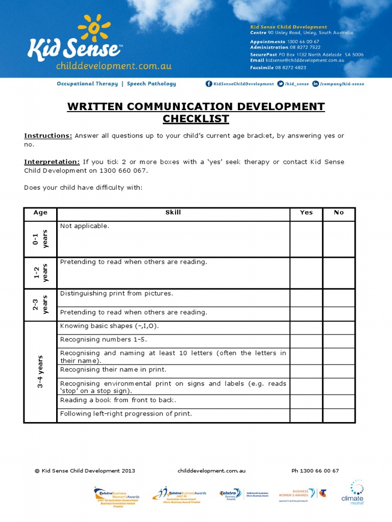 Written Communication Development Checklist | PDF | Child Development ...