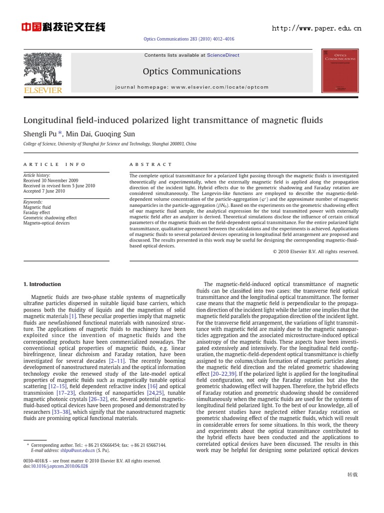 Optics Communications: Shengli Pu, Min Dai, Guoqing Sun | PDF ...