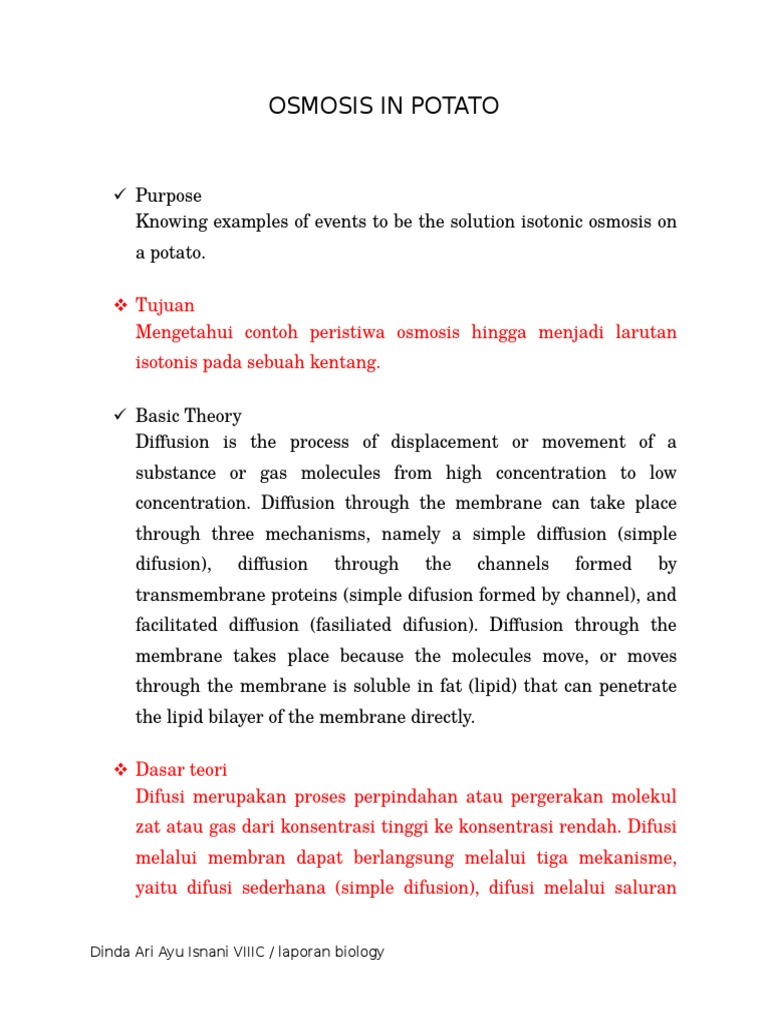 Osmosis Experiment in Potatoes | PDF