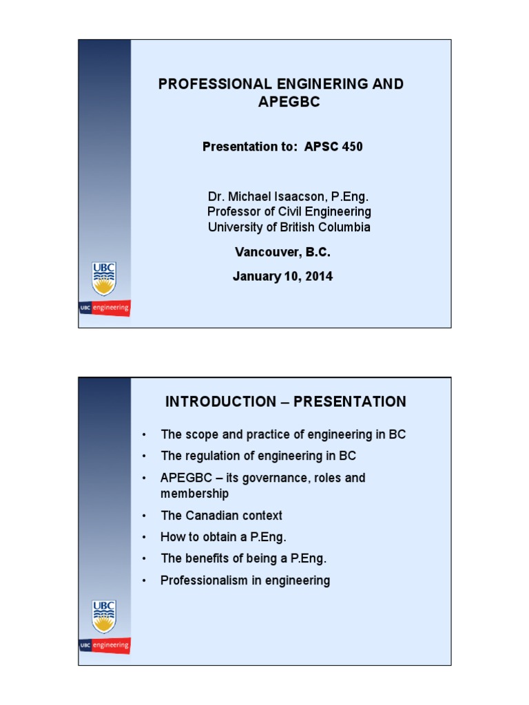 Professional Enginering and Apegbc: Presentation To: APSC 450 | PDF ...