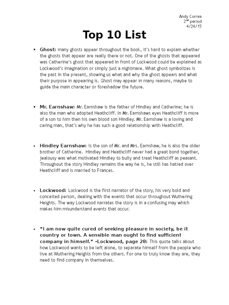 Top 10 List | PDF | Heathcliff (Wuthering Heights)
