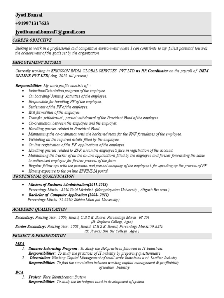 Resume Jyoti Bansal 2014 | PDF | Employment | Business