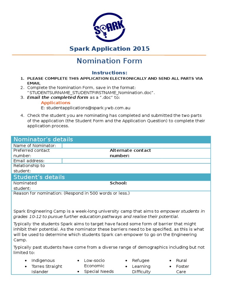 Nomination Form: Spark Application 2015 | PDF | Career & Growth