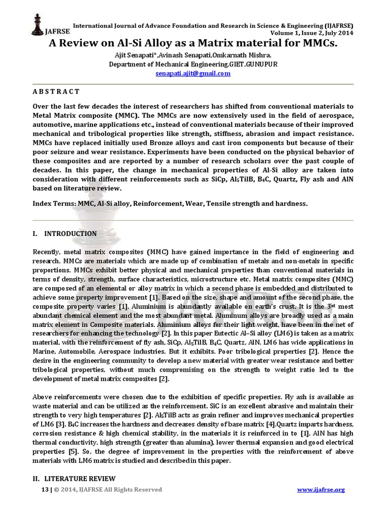 A Review On Al Si Alloy As A Matrix Material For MMCs 2014 | PDF