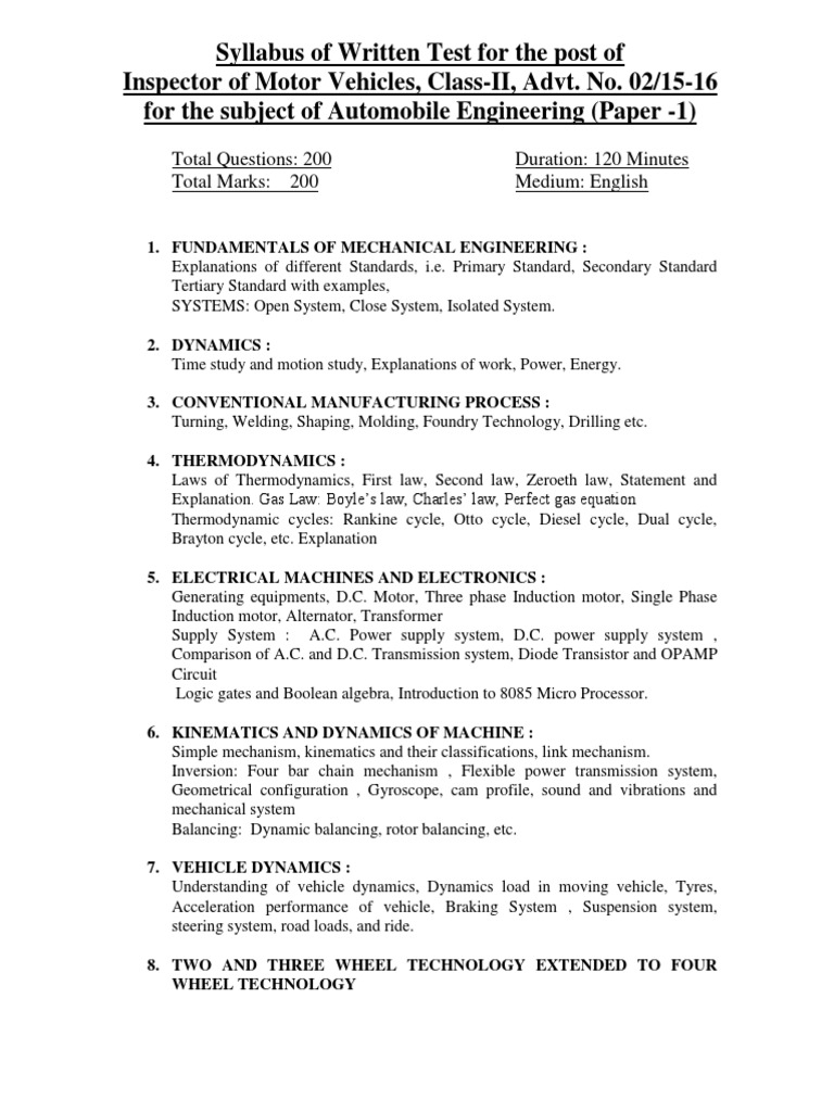 RTO Inspector Exam Syllabus 2025 | PDF | Transmission (Mechanics ...
