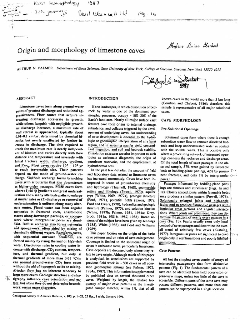 Origin and Morphology of Limestone Caves (Arthur Palmer) GSA v103 Jan ...