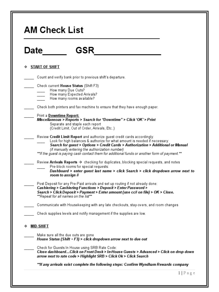 AM Checklist | Cashier | Cheque