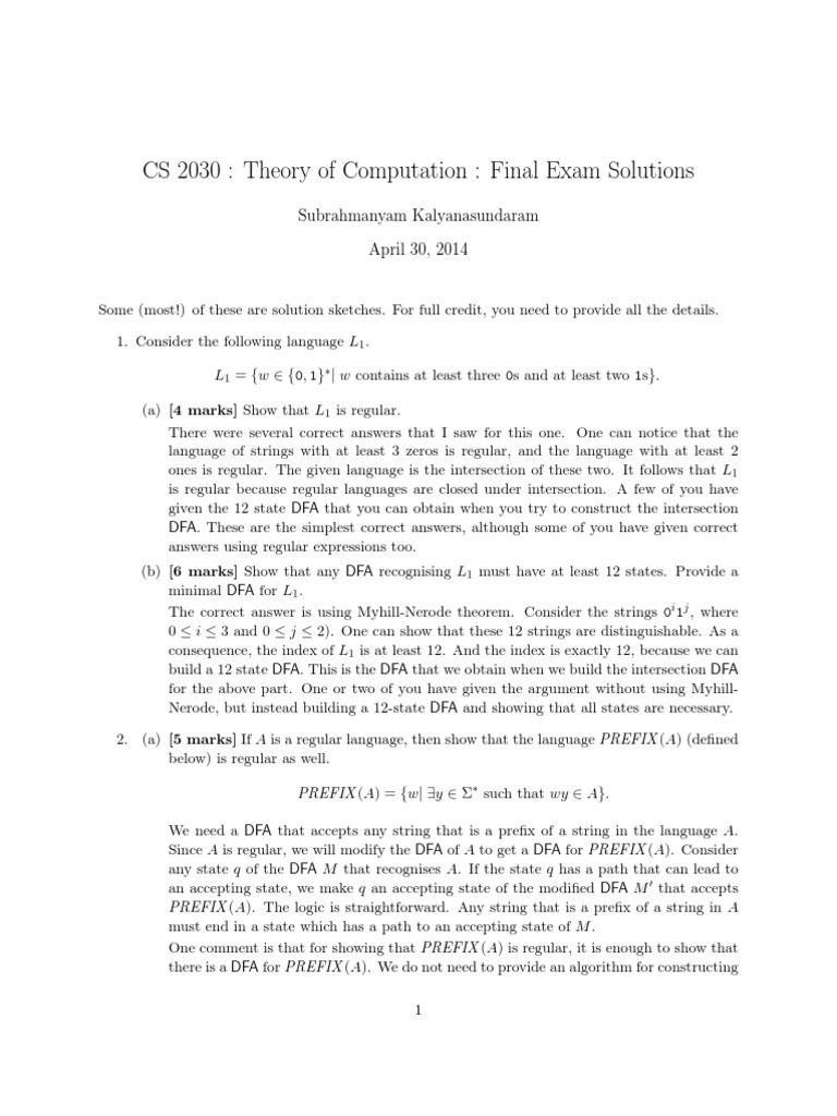 CS 2030: Theory of Computation: Final Exam Solutions: Subrahmanyam ...
