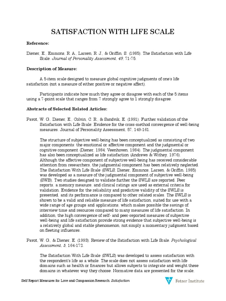 Satisfaction With Life Scale: Reference | PDF | Well Being | Affect ...