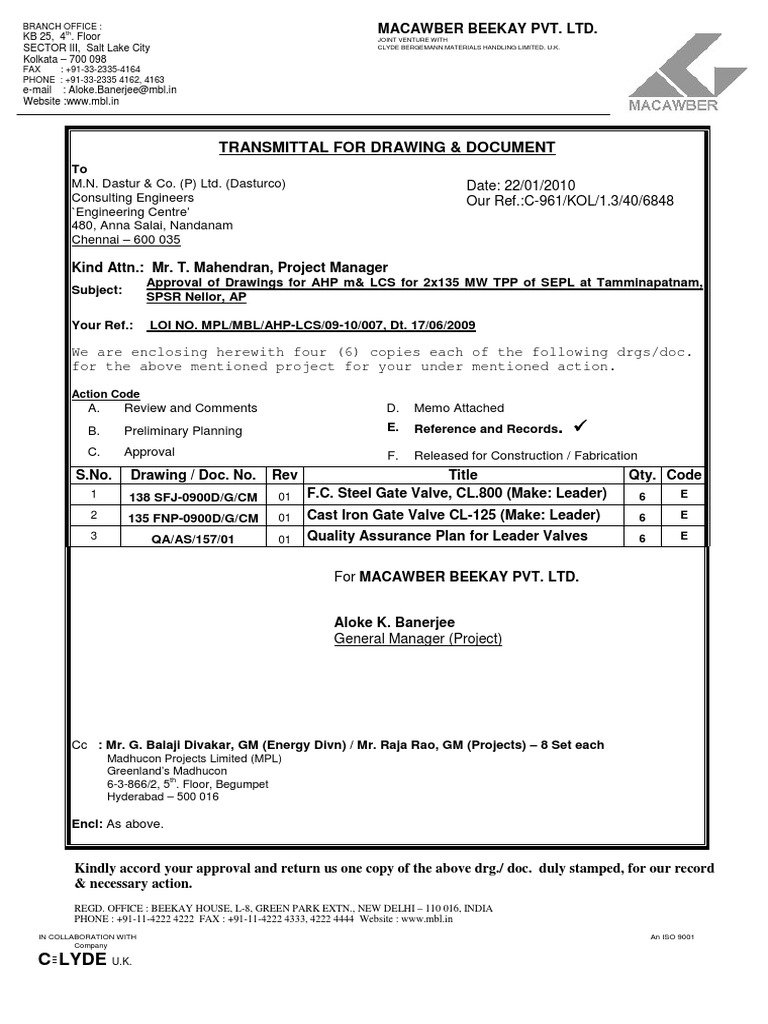 Transmittal For Drawing & Document: Date: 22/01/2010 Our Ref.:C-961/KOL ...