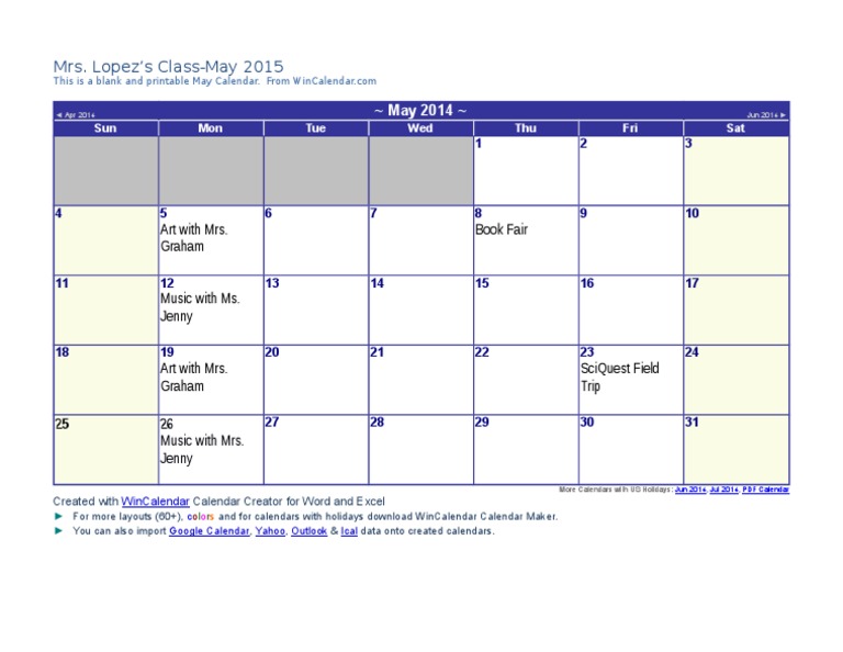 May 2015 Calendar for Mrs. Lopez's Class | PDF | Art