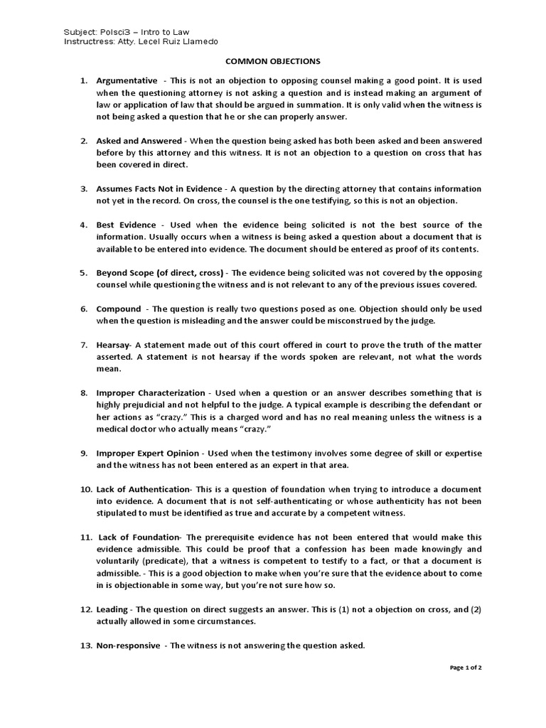 Common Objections: Page 1 of 2 | PDF | Witness | Hearsay
