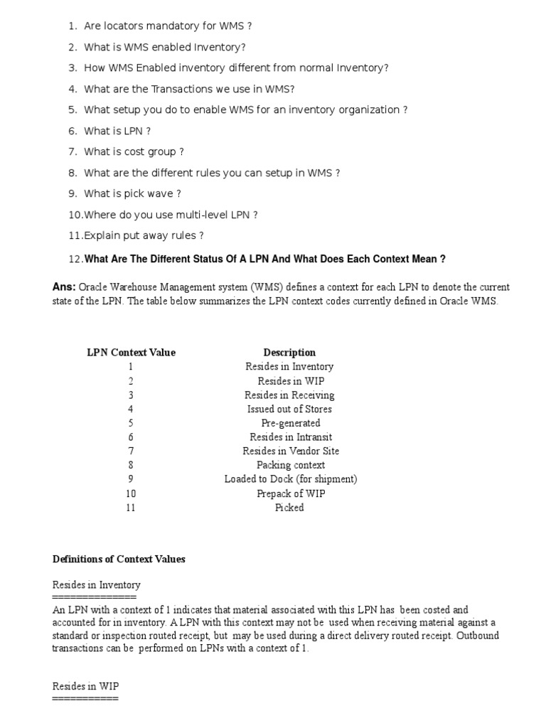Ans: Oracle Warehouse Management System (WMS) Defines A Context For ...
